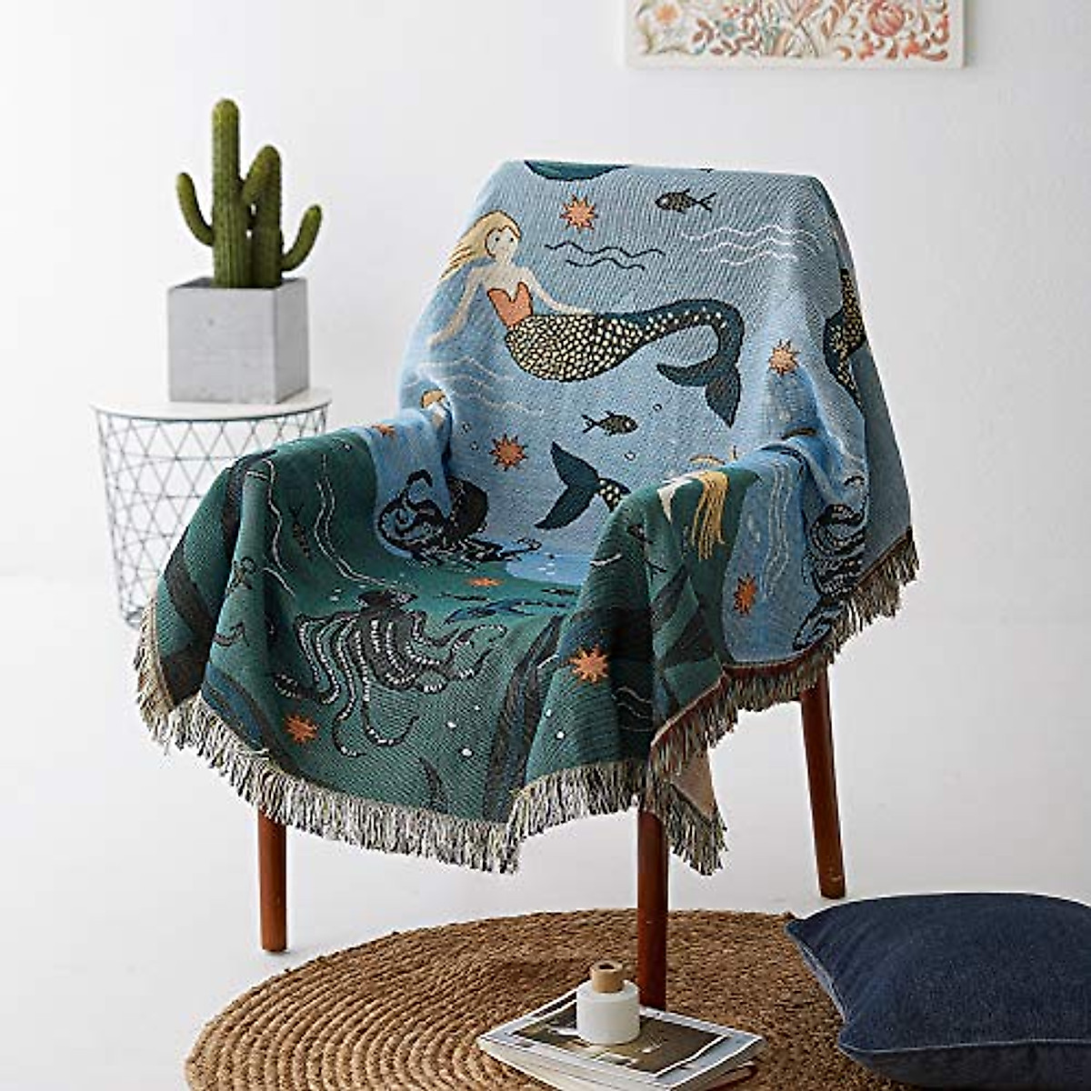 shlutesoy Throw Blankets, Throw Blanket, Mermaid Fish Ocean Tassel Sofa Cover Couch Chair Throw Blanket Carpet Tapestry 180cm x 230cm