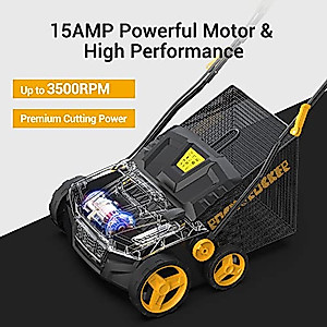 Rock&Rocker 15 INCH 13Amp Electric Dethatcher Scarifier, 2-in-1 Dethatcher Aerator, 5 Working Depth, 45L Thatch Bag, Tool-Free & Foldable Handle, Easy Storage, 3 Rod Handle Height, for Lawn Health