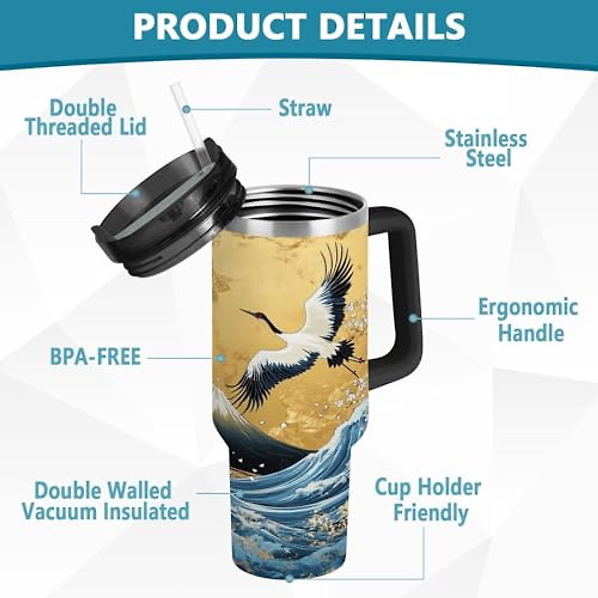 Flradish 40oz Tumbler with Handle, Grus Japonensis Stainless Steel Tumbler with Lid and Straws Double Wall Vacuum Insulated Leakproof Coffee Travel Mug