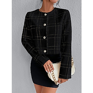 SweatyRocks Women's Plaid Long Sleeve Round Neck Button Down Crop Jacket Single Breasted Short Coat Top Black S