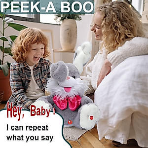 MIAODAM Peek-A-Boo Bunny Toy for Toddlers 1-3, Talking Stuffed Animal Repeats Your Words, Sings Children Songs & Lullabies, Interactive Plush with Floppy Ears (Grey)