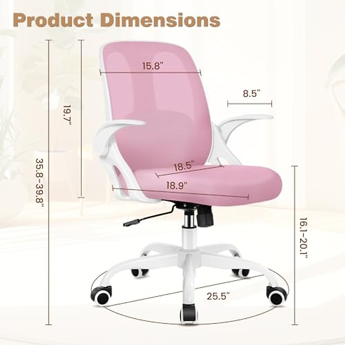 Razzor Office Chair, Ergonomic Computer Desk Chair with Lumbar Support, Breathable Mesh Rolling Swivel Task Chair with Flip-up Armrest and Adjustable Height for Home Office - Pink