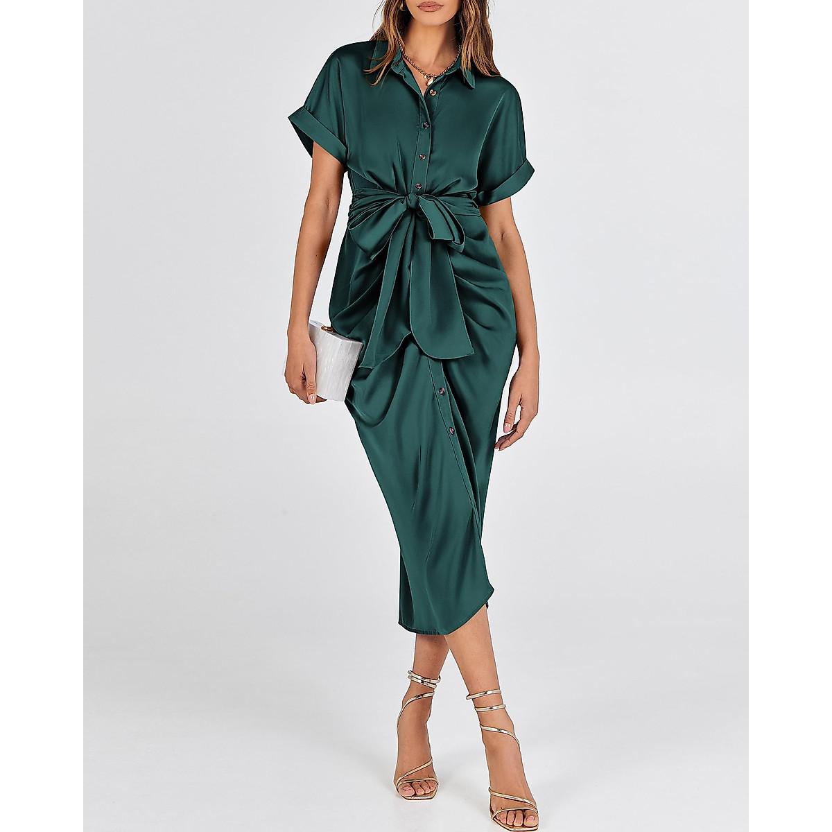 BTFBM 2024 Women Button Down Ruched Shirt Dresses Short Sleeve Lapel V Neck Elegant Party Spring Summer Maxi Satin Dress(Short Sleeve Dark Green, Medium)
