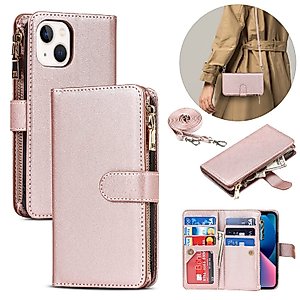 iCoverCase for iPhone 13 Wallet Case with Card Holder and Adjustable Crossbody Lanyard, PU Leather Kickstand Card Slots [Not Detachable] Flip Cover Case 6.1 Inch (Rose Gold)