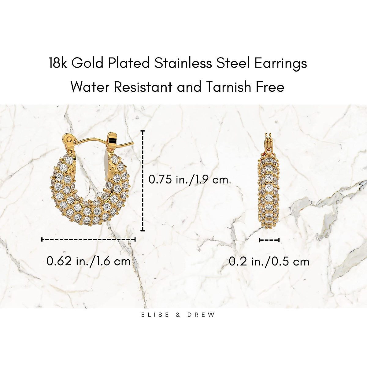 ELISE & DREW - 18k Gold Plated Hoop Earrings, Small Hoop Earrings for women, Stainless Steel, Cubic Zirconia, Gold Earrings for Women, Chunky Earrings, Waterproof, Tarnish Free