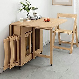 Shykey Extendable Dining Table Set, Wooden Drop Leaf Table with 4 Dining Chairs, Folding Dining Table for Kitchen Restaurant Dining Room Living Room-140cm