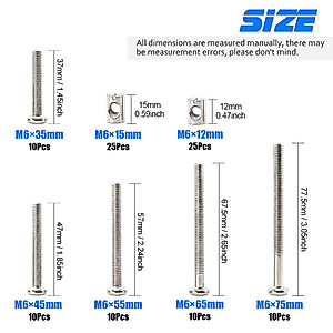Glarks 100Pcs M6 x 35/45/55/65/75mm Hex Drive Socket Cap Furniture Barrel Screws Bolt Nuts Assortment Kit for Furniture, Cots, Babybeds, Crib, Chairs - Nickel Plated