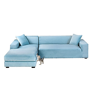 Velvet Sofa Slipover for L/U Shape Chaise Lounge Sofa Cover, Stretch 1 2 3 4 Seat Sectional Couch Cover Non Slip Furniture Protector (Light Blue,L Shape(3seat+4seat))