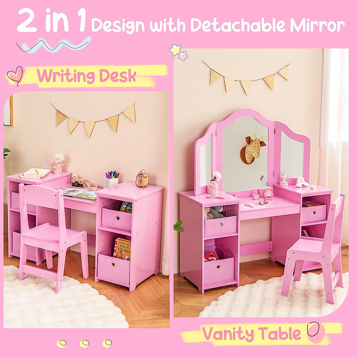 Costzon Kids Vanity, 2 in 1 Princess Makeup Desk & Chair Set with Tri-Folding Mirror, 4 Storage Bins, Wooden Toddler Vanity Dressing Table, Pretend Play Vanity Set for Little Girls (Pink)