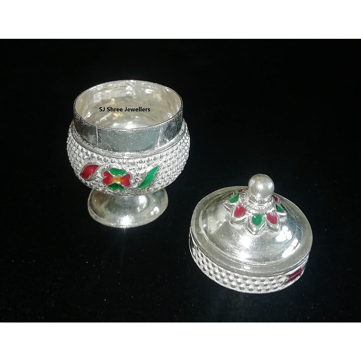 shree jewellers SJ Pure Silver Designer Meenakari Sindoor Dabbi with Lid, Pooja Items for Home, KumKum Round Box Spiritual Gift Item ~ Small Size 3.5 x 2.4 cm