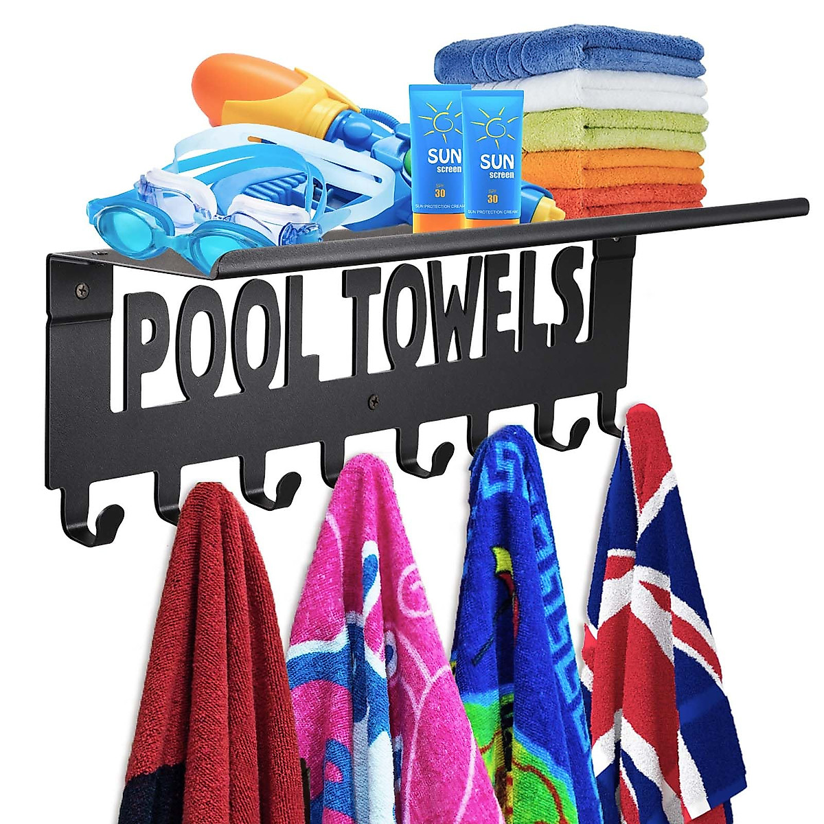 Kuhome Pool Towel Racks with Shelf Outdoor Pool Decor Wall Mount Towel Hooks Towel Holder with 8 Hooks Black Towel Storage Hanger Organizer for Bathroom Pool Accessories