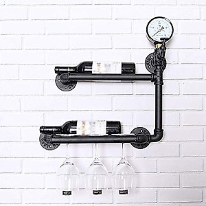 Stylish Simplicity Shelf Wall Mounted Floating Rack Wooden Industrial Style Shelf Solid Wood Iron Art Retro Display Stand with Pressure Gauge Wine Racks Restaurant Wineglass, PIBM, Black, 59x18x5