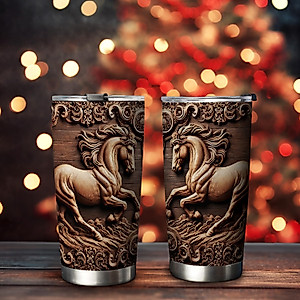 20oz Printed Wooden Horse Tumbler, Equestrian Gifts for Horse Lovers, Country Horses Coffee Thermos for Men, Women, Stainless Steel Double Wall Vacuum Insulated Coffee Mug, Travel Cup with Lid