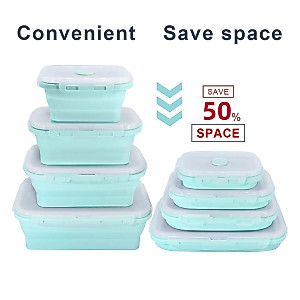 Collapsible Silicone Food Storage Containers with Lids, Set of 4 Rectangle Bowls for Travel Camping Organization, Flat Box Stacks, RV Kitchen Accessories Must Haves, BPA Free, Microwavable, Blue
