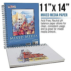 U.S. Art Supply 11" x 14" Mixed Media Paper Pad Sketchbook, 2 Pack, 60 Sheets, 98 lb (160 gsm) - Spiral-Bound, Perforated, Acid-Free - Artist Sketching, Drawing, Painting Watercolor, Acrylic, Wet, Dry