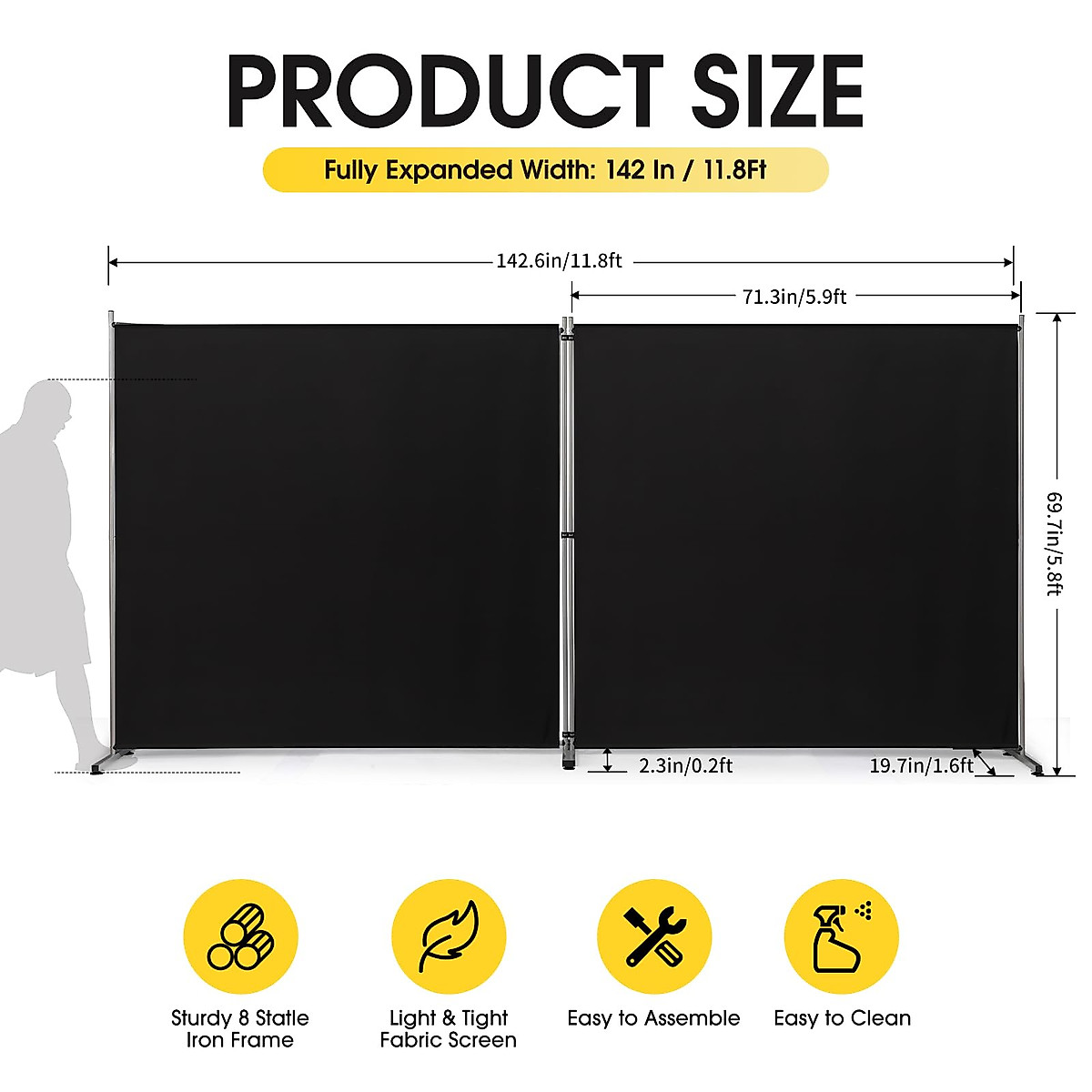 Rantila 2 Large Panels Room Divider,Portable Office Divider,Convenient Movable,Folding Partition Privacy Screen for Bedroom,Dining Room, Study,142" W x 71" H,Black