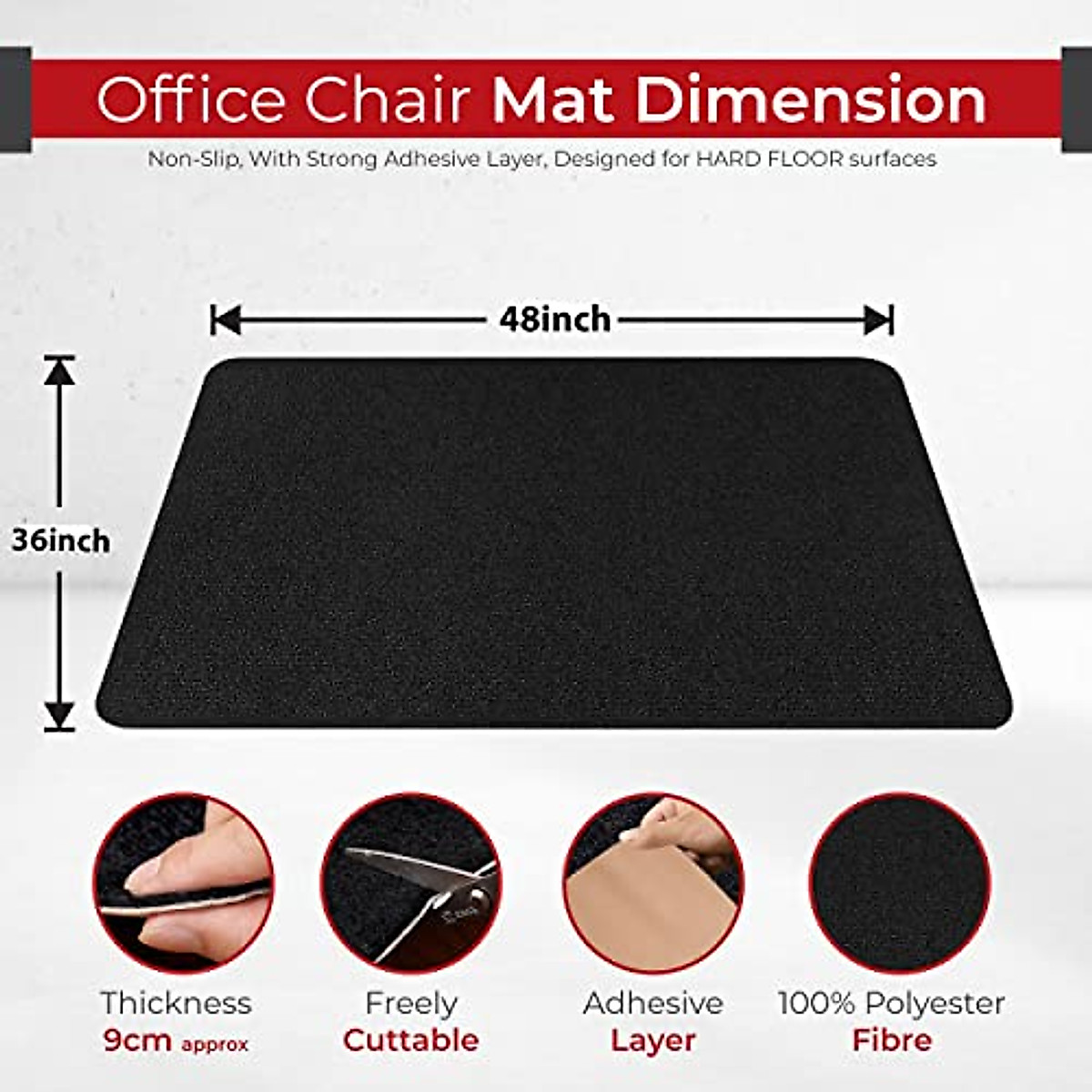 TEEPRO Office Chair Mat for Hardwood & Tile Floor, 48"x36" Computer Gaming Rolling Chair Mat, Multipurpose Low-Pile Rug, Large Anti-Slip Floor Protector for Home & Office (Black)