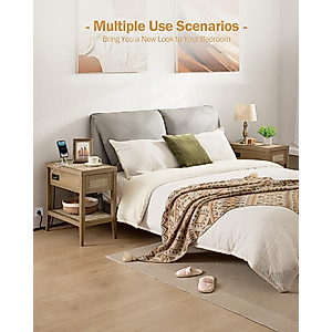 SICOTAS Rattan Nightstands Set of 2 - Boho Night Stand with Type-C Charging Station & Rattan Drawer - Bed Side Table End Table for Bedroom Living Room - Natural Oak