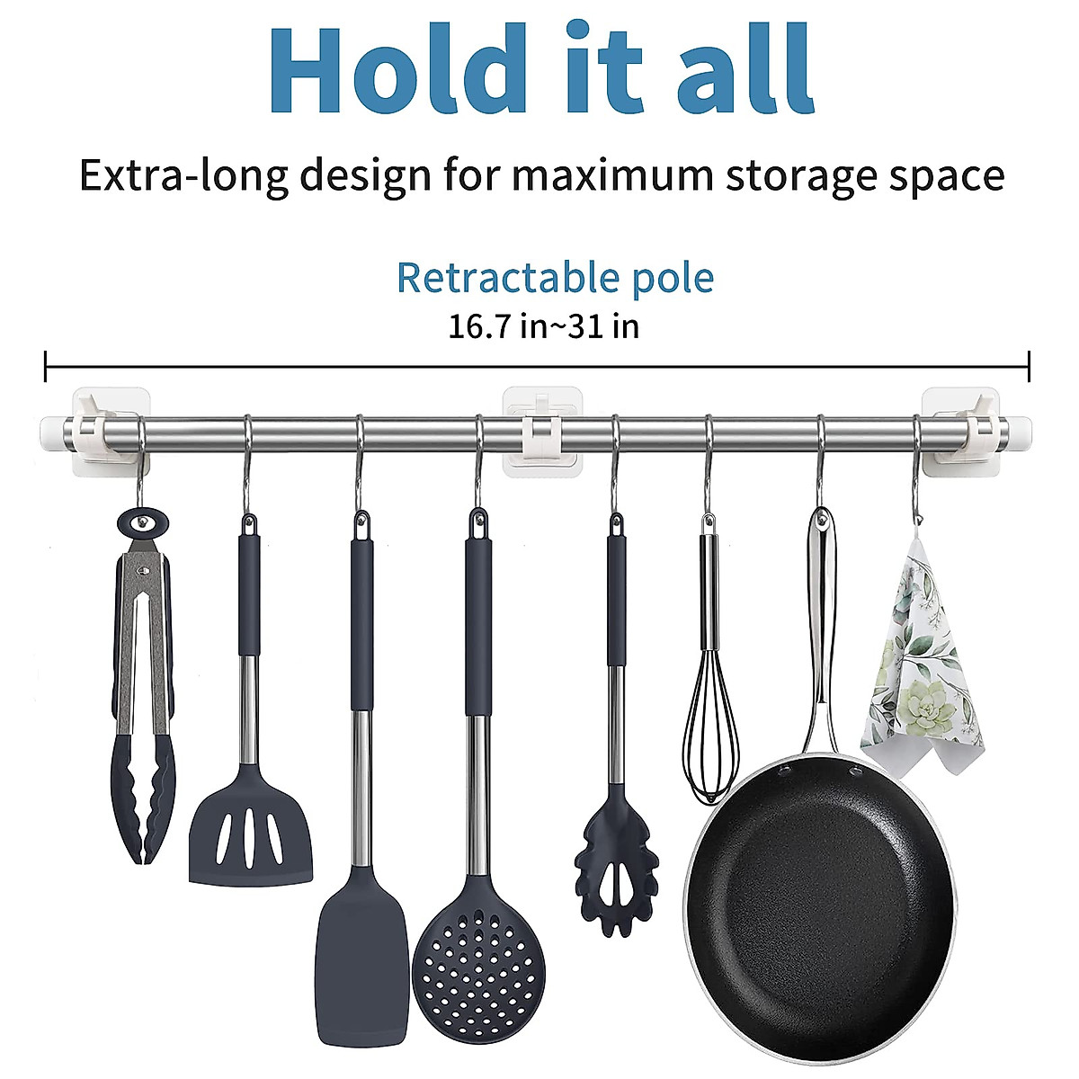 AKEISI Kitchen Utensil Rack,Kitchen Rail 2-Pack 16.7~30inch telescopic bathroom rack, Rail Rack Organizer for Hanging Knives Hanging Pot Rack Utensil Holder with 16 Hooks.