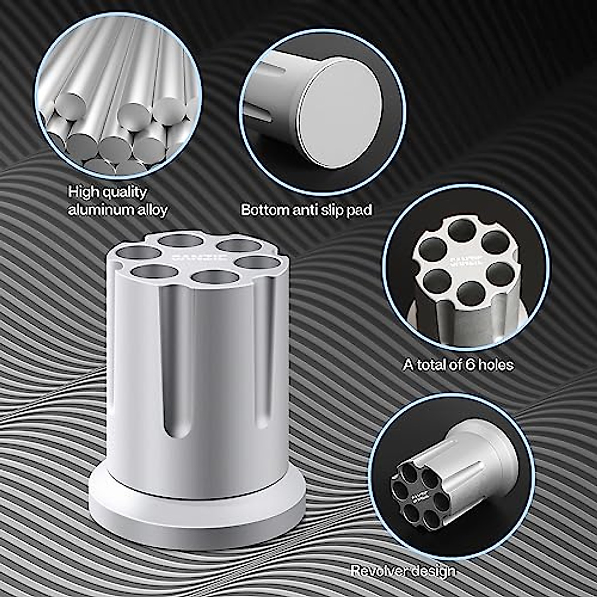 SANZIE Revolver For Six Set Pen Holder Metal Pencil Holder for Desk Aluminum Pencil Stand Desktop Office Supplies Gentleman Pen Organizer(Silver)