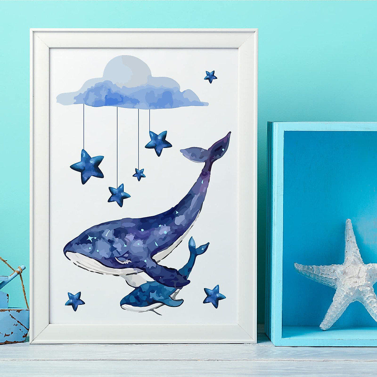 SUPERDANT Blue Whale Wall Stickers Night Sky Wall Decals Blue Clouds Animal Vinyl DIY Art Decor for Baby Nursery Children Bedroom Living Room Boy's Gift Wall Decor