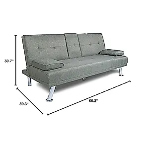 ERYE Modern Futon Loveseat Convertible Sleeper Bed for Living Room Apartment Small Space Furniture Sets with 2 Cup Holders Metal Legs,Removable Soft Pillow-Top Armrest, Sofa & Couch, Light Grey