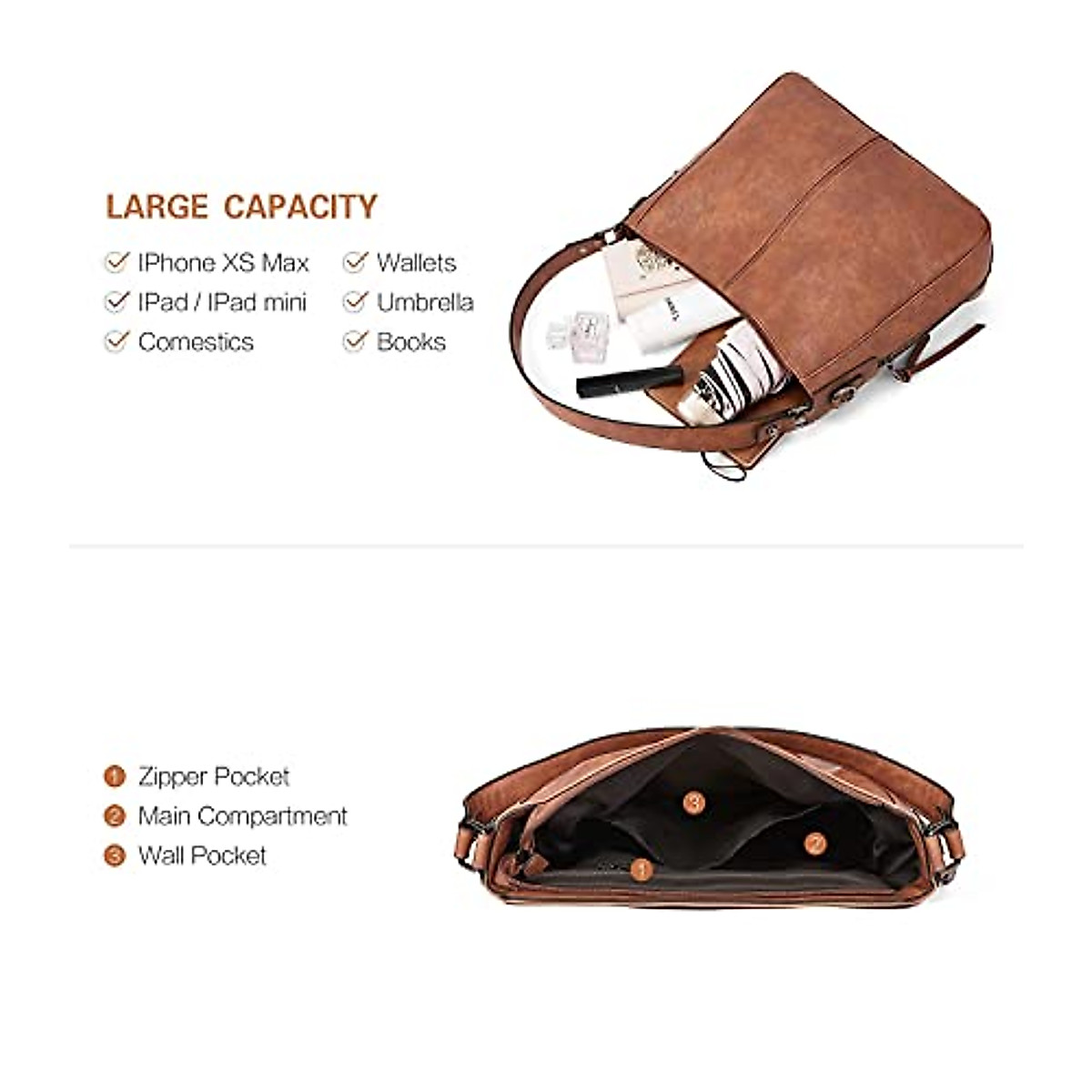 BROMEN Purses for Women Vegan Leather Hobo Bags Designer Handbags Large Shoulder Crossbody Bag with Adjustable Strap Brown
