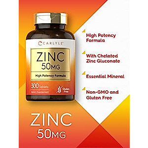 Zinc 50mg | 300 Tablets | Vegetarian, Non-GMO, and Gluten Free Supplement | Zinc Gluconate | High Potency Formula | by Carlyle