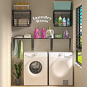 2 Pack Laundry Room Shelves Wall Mounted with Wire Baskets, Over the Washer and Dryer Shelf with Clothes Drying Rack, 8 Hooks, Wire Shelves Baskets for Laundry Closet Organization and Storage, Black