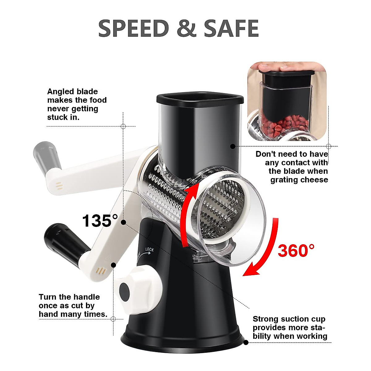 Ancevsk Rotary Cheese Grater with Handle, Manual Speed Round Cheese Shredder with Strong Suction Base, Easy to Use Potato Hashbrown Shredder with 3 Replaceable Stainless Steel Drum Blades (Black)