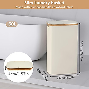 iEGrow Slim Laundry Hamper, Narrow Laundry Basket with Lid,Foldable Clothes Hamper with Bamboo Handles,Hamper Basket with Removable Inner Bag for Laundry Room Bedroom College Dorm,60L Beige
