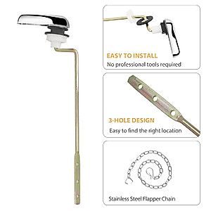 Universal Toilet Handle Replacement Kit, Chrome Finish Toilet Flush Handle with Nut Lock and Stainless-Steel Flapper Chain, Side Mount Toilet Flush Lever Fits Most Standard Toilet Tanks, Easy Install