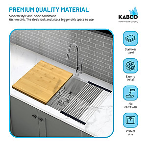 KABCO 28 Inch Single Bowl Stainless Steel Handmade Kitchen Sink with Sink Strainer, Sink Grid, a Rolling Up Grid, and Bamboo Cutting Board, Rust Resistant Sound, and Heatproof 16 Gauge Undermount Sink