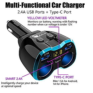 USB C Car Charger, Cigarette Lighter Splitter Adapter 2 Socket Type C Multi Power Outlet 12V/24V 80W DC with LED Voltmeter Switch 5.8A Dual USB Port for Mobile Cell Phone GPS Dash Cam