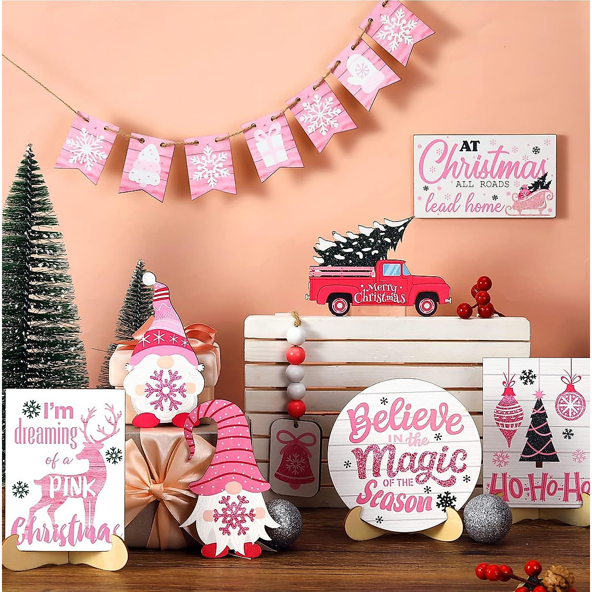 Pink Christmas Decoration, Christmas Tiered Tray Decor 15 Pcs Pink Christmas Ornaments Farmhouse Rustic Decor Christmas Gnome Truck Snowflake Wooden Sign for Christmas Centerpiece Table Party Holiday