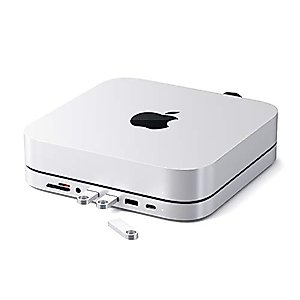 Satechi USB C Hub - Type-C Aluminum Stand & Hub - USB-C Data Port, Micro/SD Card Readers, USB 3.0 & Headphone Jack Port - for Mac Studio, Mac Mini M2/M1 (Not Compatible with M4) - Silver