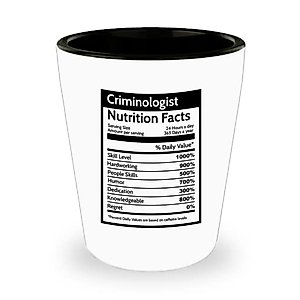 Criminologist Nutrition Facts Ceramic 1.5 Oz Shot Glass, Gift For Graduation Congrats On New Job Cup, Funny Retirement Coworker Appreciation Party Gag