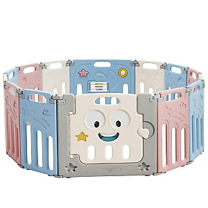 HONEY JOY Baby Play Yards, 14 Panel Foldable Baby Playpen, Anti-Slip Base & Lockable Safety Gate, Indoor Large Baby Fence Play Area for Babies and Toddlers (Multicolor, 14 Panel)