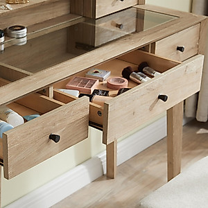 T4TREAM Modern Makeup Vanity Desk with Mirror and Lights，42'' Make up Vanity Table with Glass Tabletop & 5 Drawers, Big Vanity Set with Cushioned Stool & 3 Light Modes for Bedroom, Natural Oak