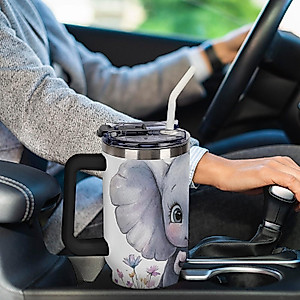 40 Oz Cute Baby Elephant Insulated Stainless Steel Tumbler with Handle & Straw Lid, Reusable Travel Cupholder Friendly Mug for Coffee, Water, Tea