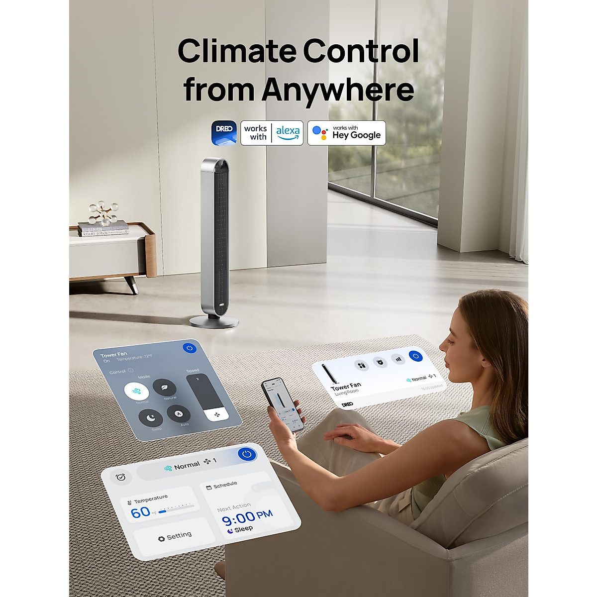 Dreo Pilot Max 120° Oscillating Tower Fan, 42 Inch Bladeless Fan for Bedroom, 25dB Quiet DC Motor, Standing Fan with Remote, 12 Hyper Wind Speeds, 4 Modes, 12H Timer Floor Fans for Home Living Room