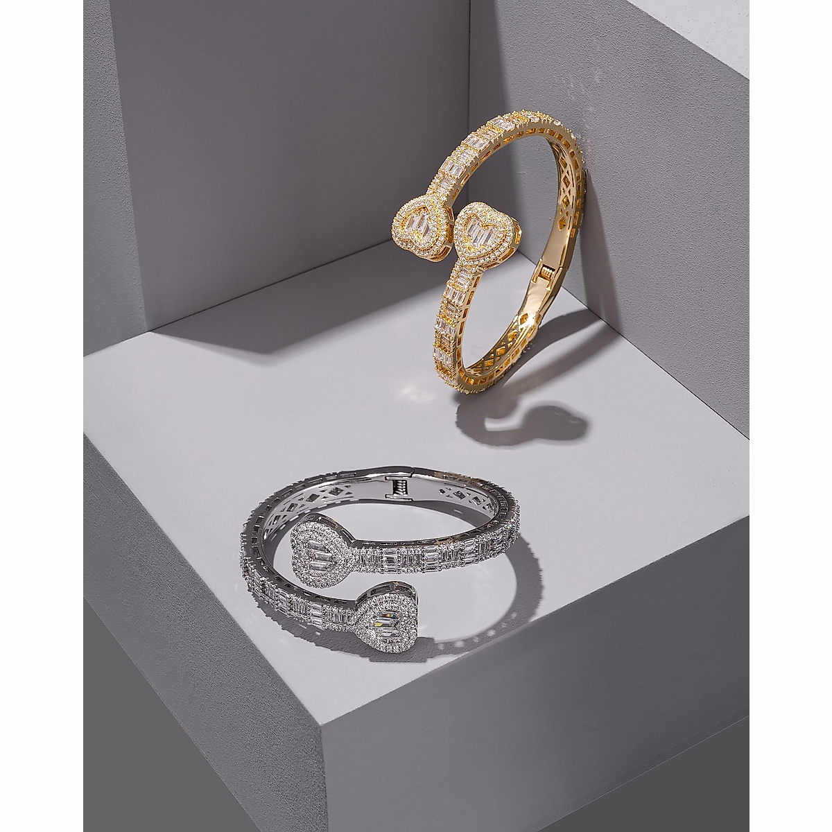 Lulu Mel Iced Out Baguette Diamond Bracelet Jewelry for Women, Hip Hop Mens 14k Gold Silver Plated Cubic Zirconia Bangle Bracelet, Men Heart Cuff Bracelet With Jewelry Box (Silver Heart, 7inch)