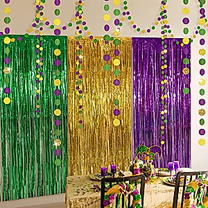 Green Gold Purple Mardi Gras Backdrop Fat Tuesday Tinsel Foil Fringe Curtain Circle Dot Garland Mardi Gras Party Decorations Birthday Bacherlorette Bridal Baby Shower Party Supplies