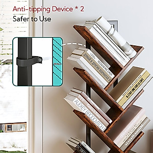 LESHP Tree 8 Shelf Retro Floor Standing Bookcase, Wood Storage Rack for CDs/Movies/Books, Utility Organizer for Bedroom, Living Room, Home Office, Rustic Brown