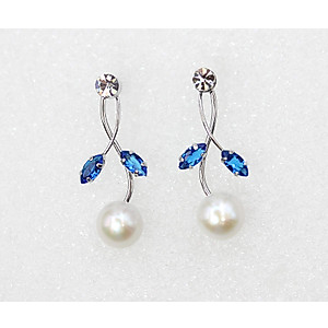 Faship Gorgeous Blue CZ Crystal Genuine Freshwater Pearls Floral Necklace Earrings Set - Blue