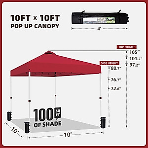 VOYSIGN 10x10 Pop Up Canopy Tent, Outdoor Instant Sun Shelter - Red, Included 1 x Rolling Storage Wheeled Bag, 4 x Weights Bags, 4 x Guylines, 8 x Stakes