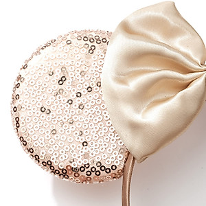 Foeran Mouse Ears Headbands, Sequin Mouse Ears Headband with Bow for Kids Adults Women, Accessories for Birthday Party Cosplay Costume (light gold bow)