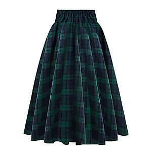 Women Fashion Casual Plaid Skirt Vintage A Line Skirts Vintage Athletic Skirt Plaid High Waist Plus Size Midi Pleated Skirt Green