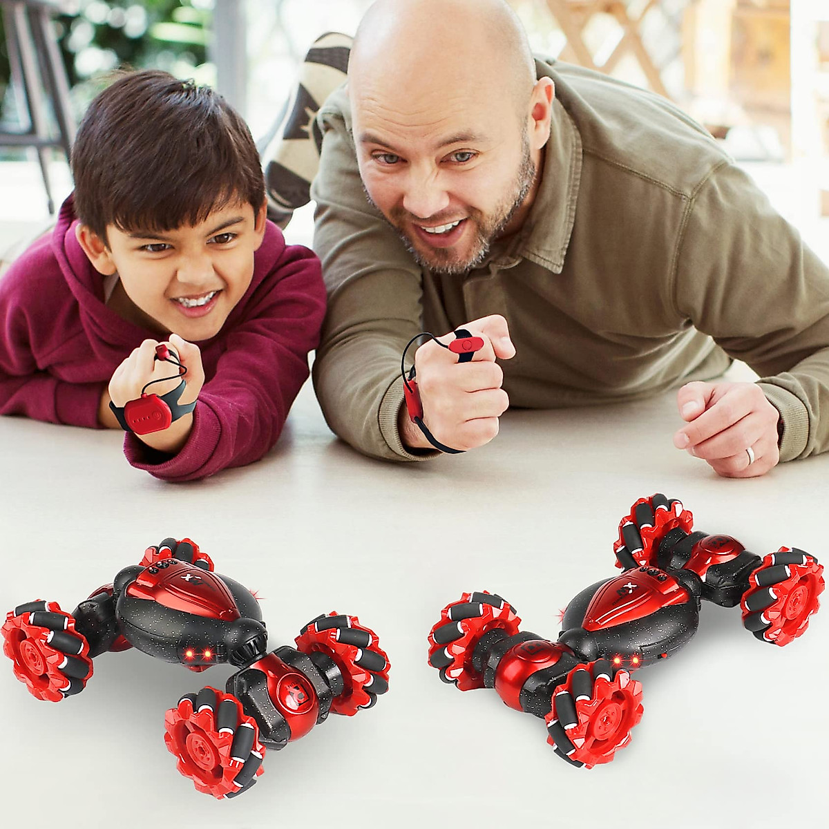 BIRANCO. RC Stunt Car Gesture Sensing - Christmas Red, 2.4GHz 4WD Hand Controlled Double Sided Remote Control Car with Music & Lights, Kids Toy, Gift Ideas for Boys Age 5-12 Years Old