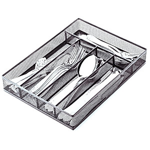 titivate Kitchen Cutlery Tray with 5 Compartments Storage, Utensil Drawer Organizer Mesh Flatware Silverware Holder for Forks/Knives/Spoons (Silver 2 Pack)